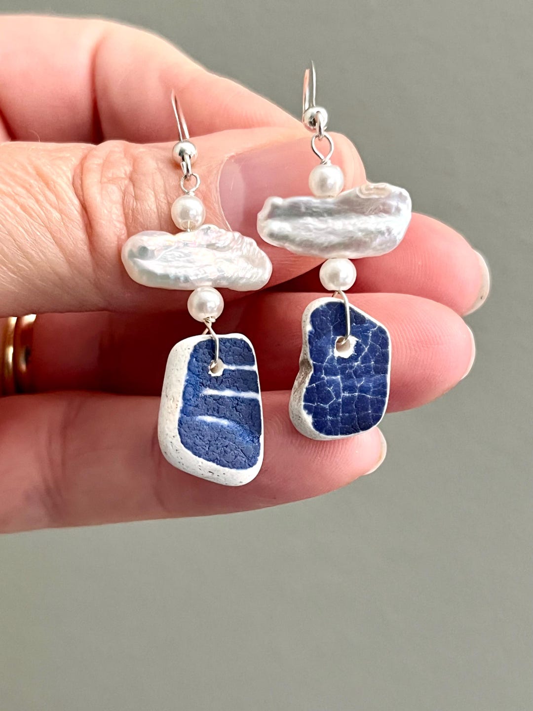 Sea Pottery Earrings - Silver Drop Earrings - Beach Pottery Chandelier ...