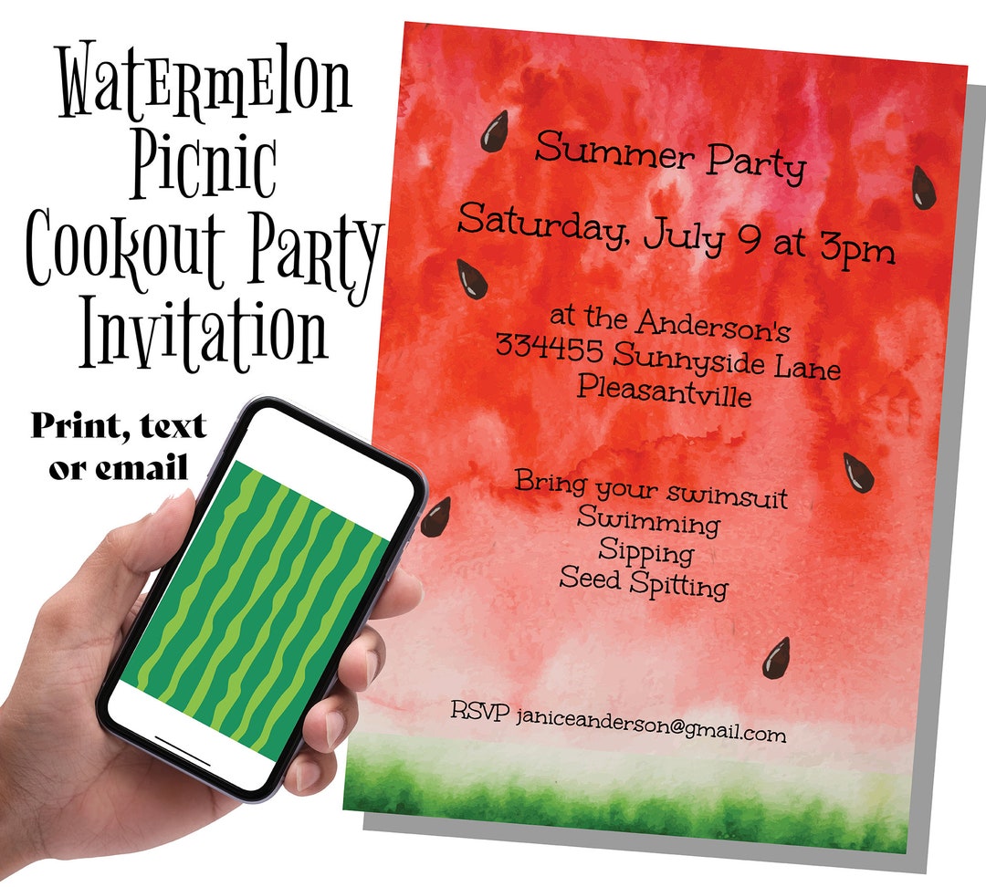 Summer Watermelon Cookout Picnic Pool Party Invitation Template - Etsy