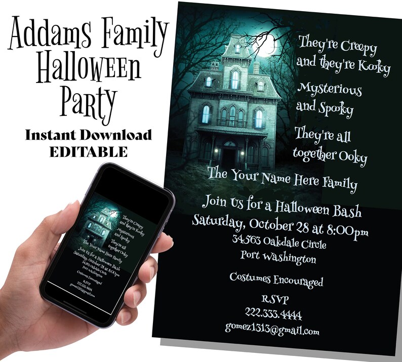 Addams Family Halloween Party Printable, Editable Invitation - Etsy