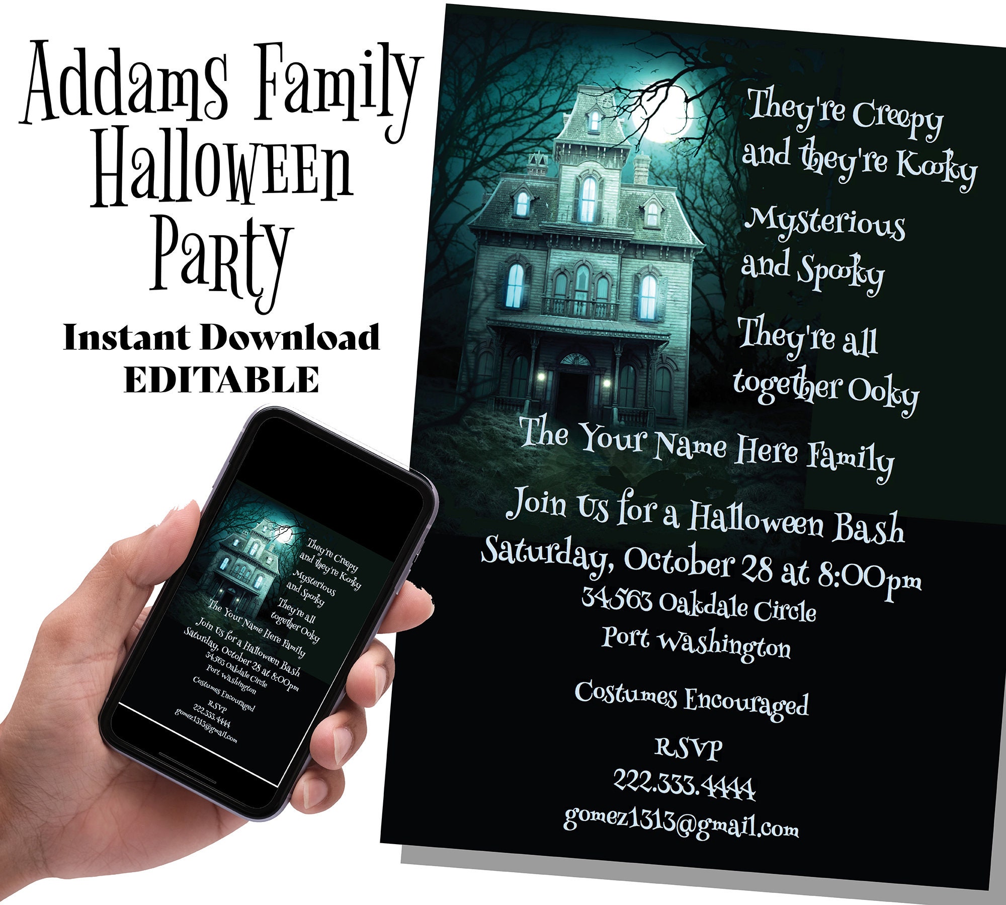 Addams Family Halloween Party Printable, Editable Invitation - Etsy