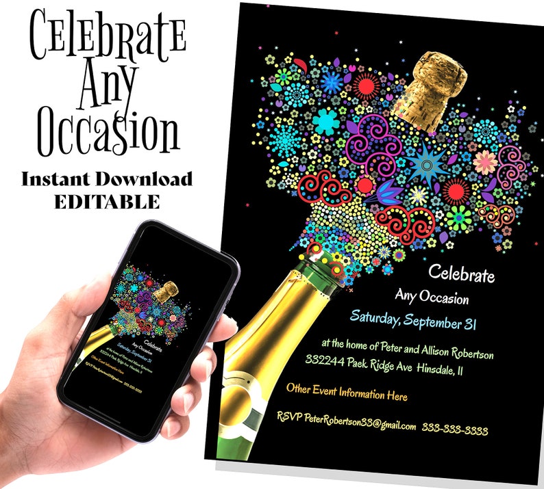 Celebrate Champagne Birthday Any Occasion Party Invitation Printable ...
