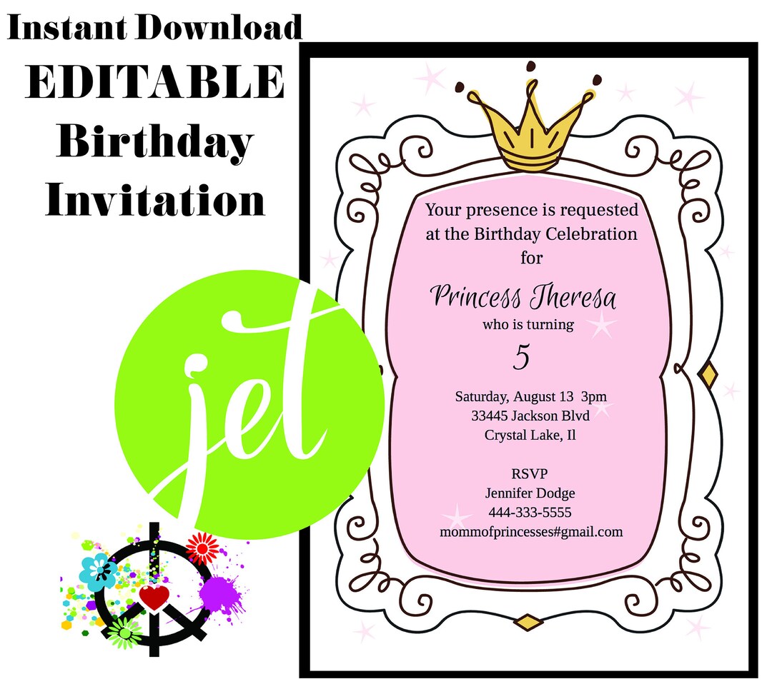 Princess Printable, Editable Birthday Party Invitation - Etsy