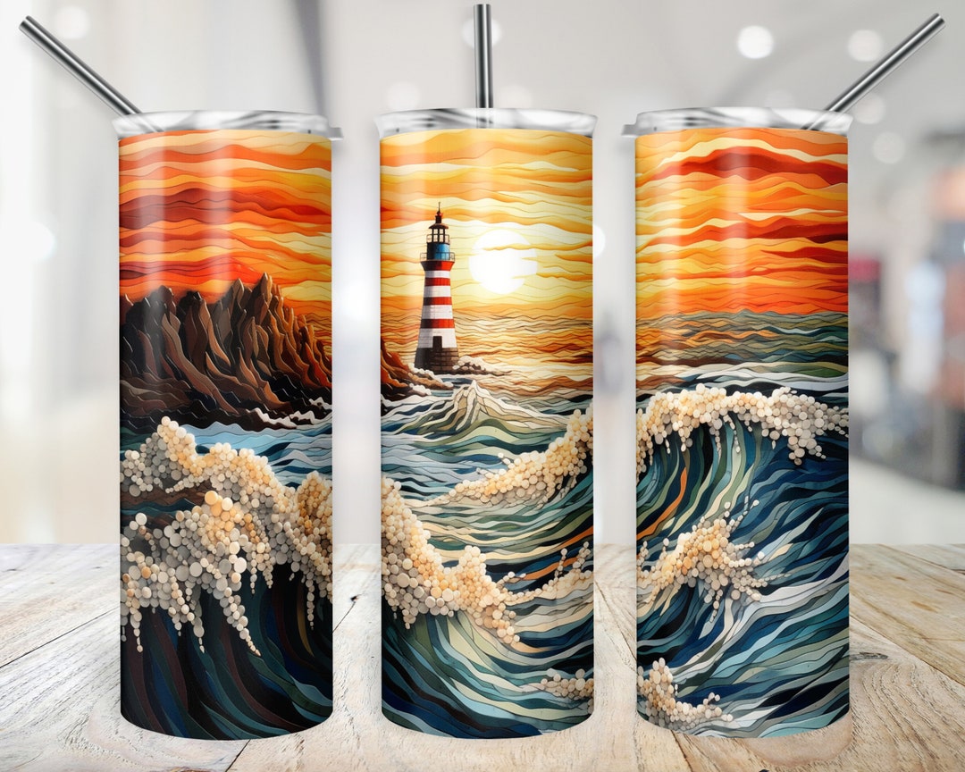 Lighthouse Tumbler Wrap, Quilled Paper Cup Wrap, Crashing Waves, Sunset ...