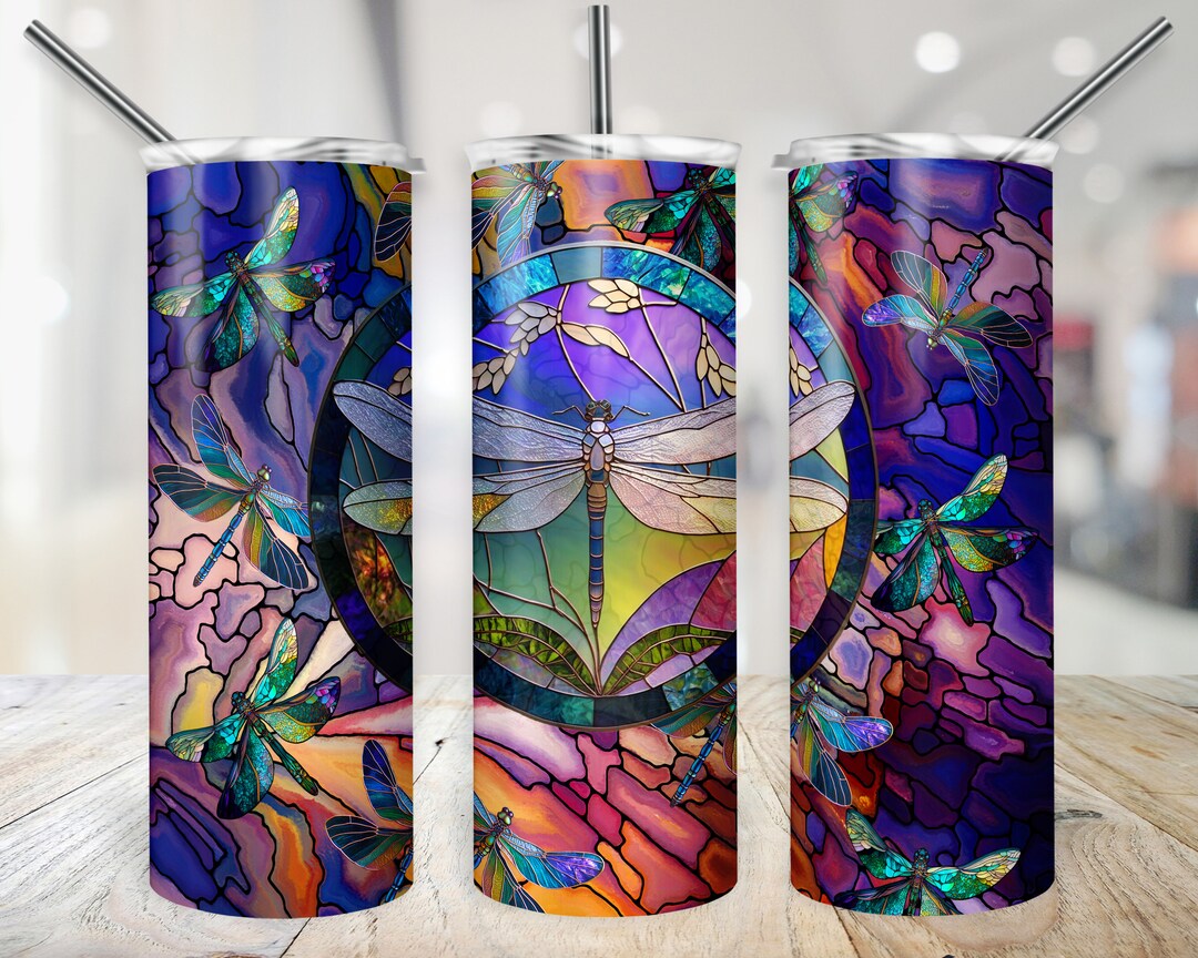 Dragonfly Tumbler Wrap, Stained Glass Dragonflies Cup, Bright Tumbler ...