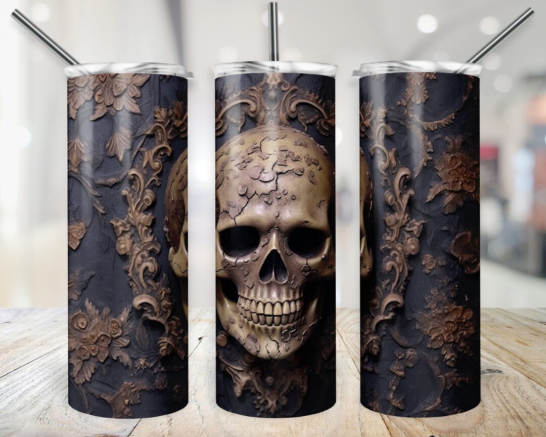 3D Gothic Skull Tumbler Wrap, Victorian Goth Skeleton Cup Design PNG ...