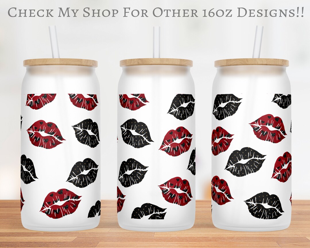 16 Oz Libbey Wrap Black & Red Vampire Lips, Gothic Lips Glass Beer Can ...