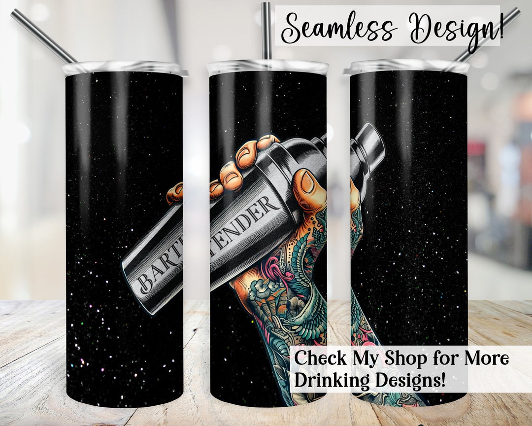 Bartender Tattoo Tumbler Wrap, 20oz SEAMLESS Engraved Cocktail Shaker ...