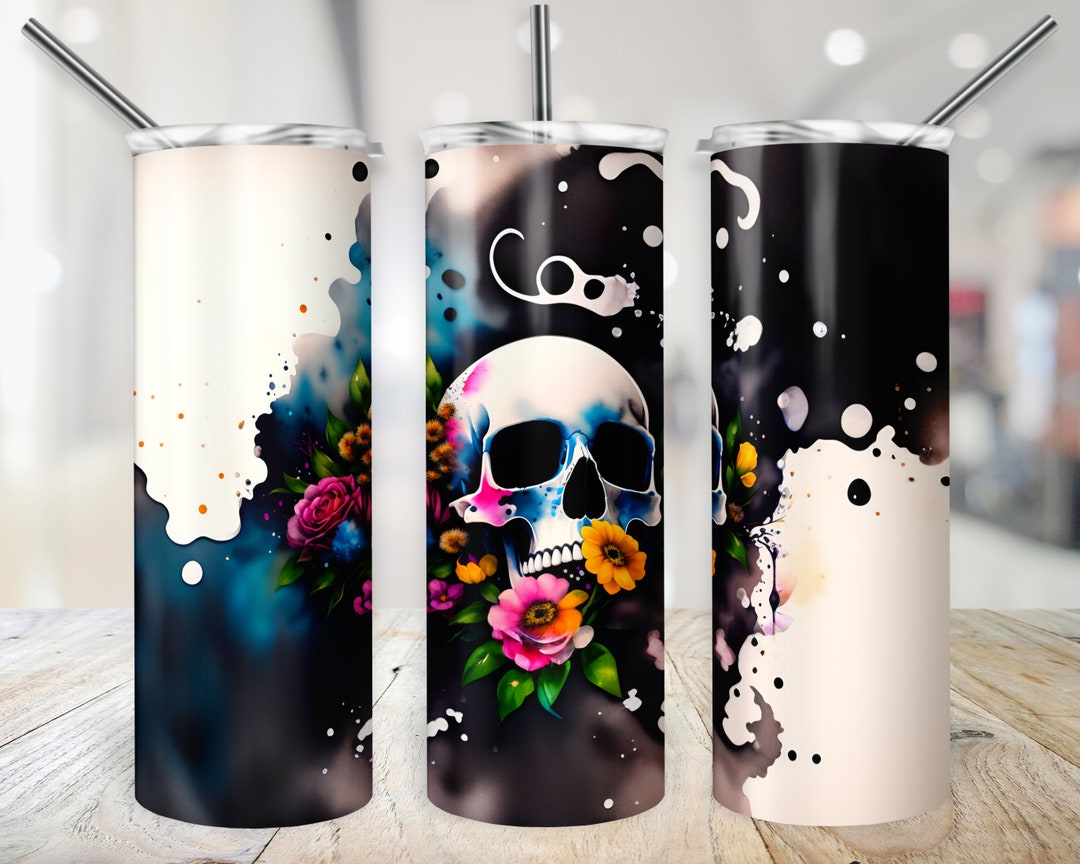 Gothic Tumbler Wrap, Goth Skull & Bright Flowers PNG, 20oz Witchy Cup ...