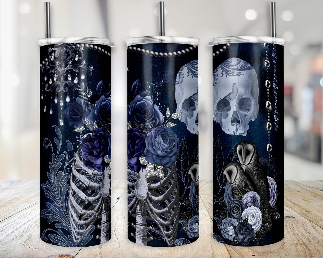 Gothic Tumbler Wrap, 20oz Blue Witchy Victorian Skulls & Skeleton Cup ...