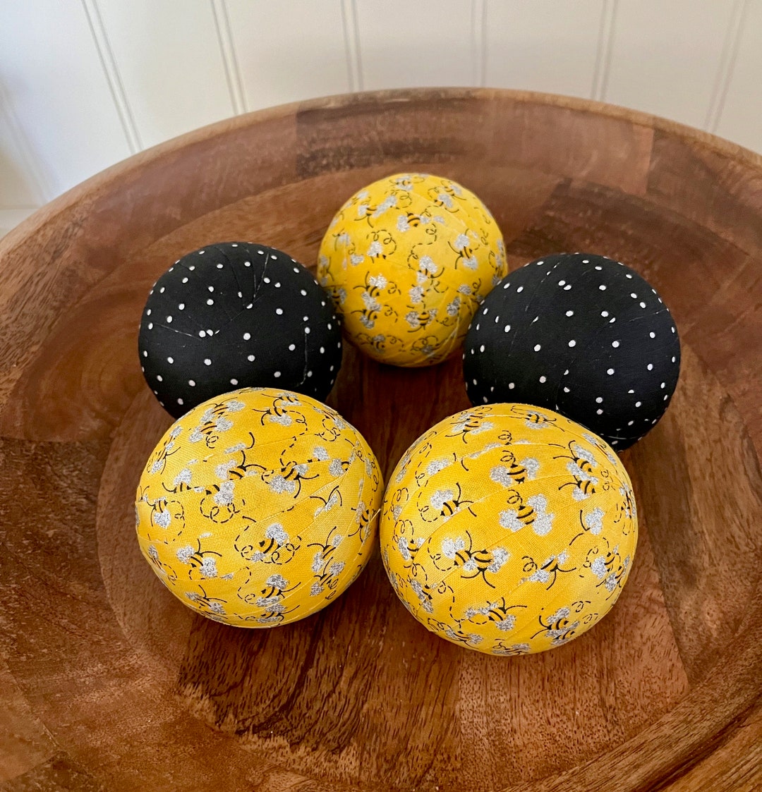 Bumble Bee Fabric Rag Balls, Bumble Bee Bowl Fillers, Black Check and ...