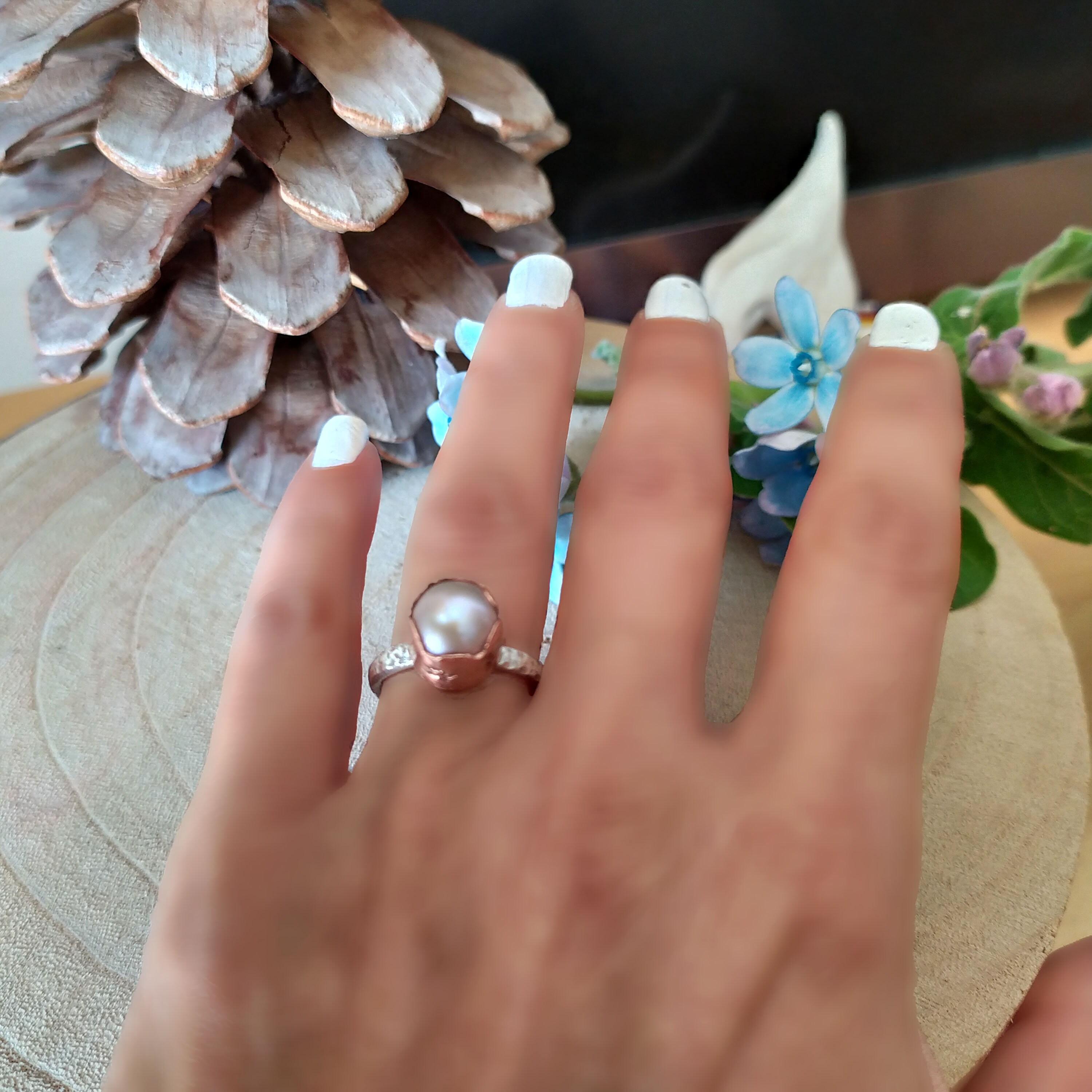 Unique Pearl Ring 999 Fine Silver and Copper Bezel with | Etsy