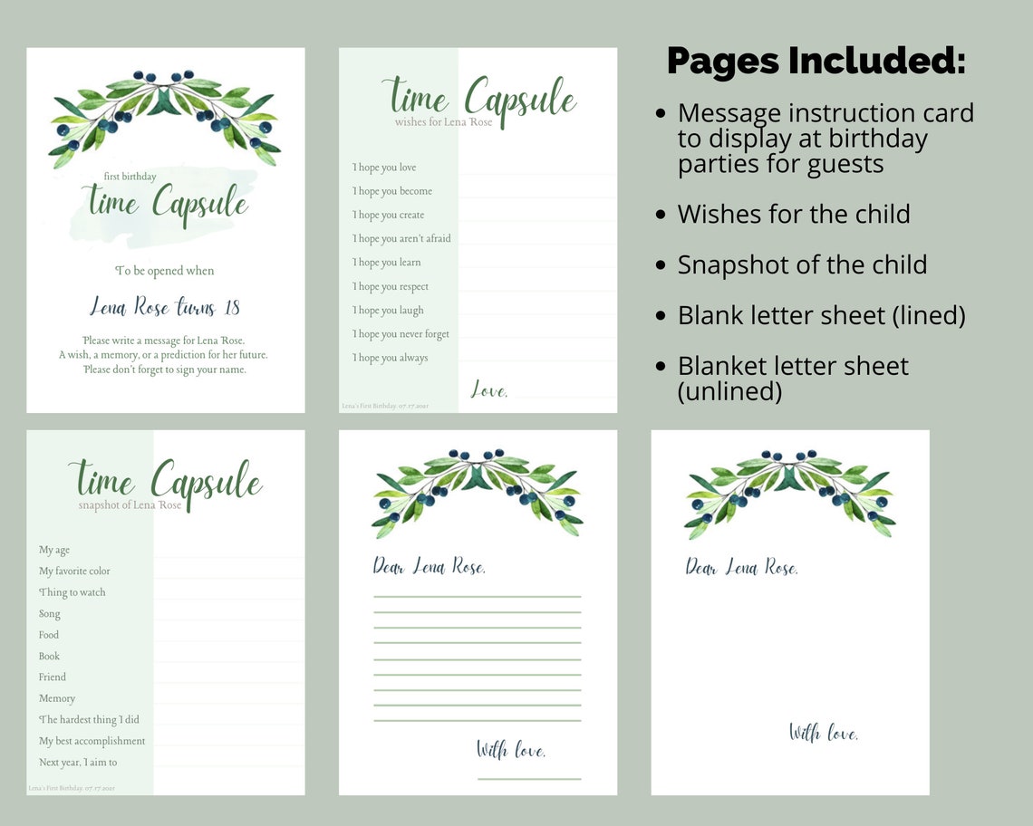 Time Capsule Sign, Message Letter & Wishes Cards | First Birthday ...