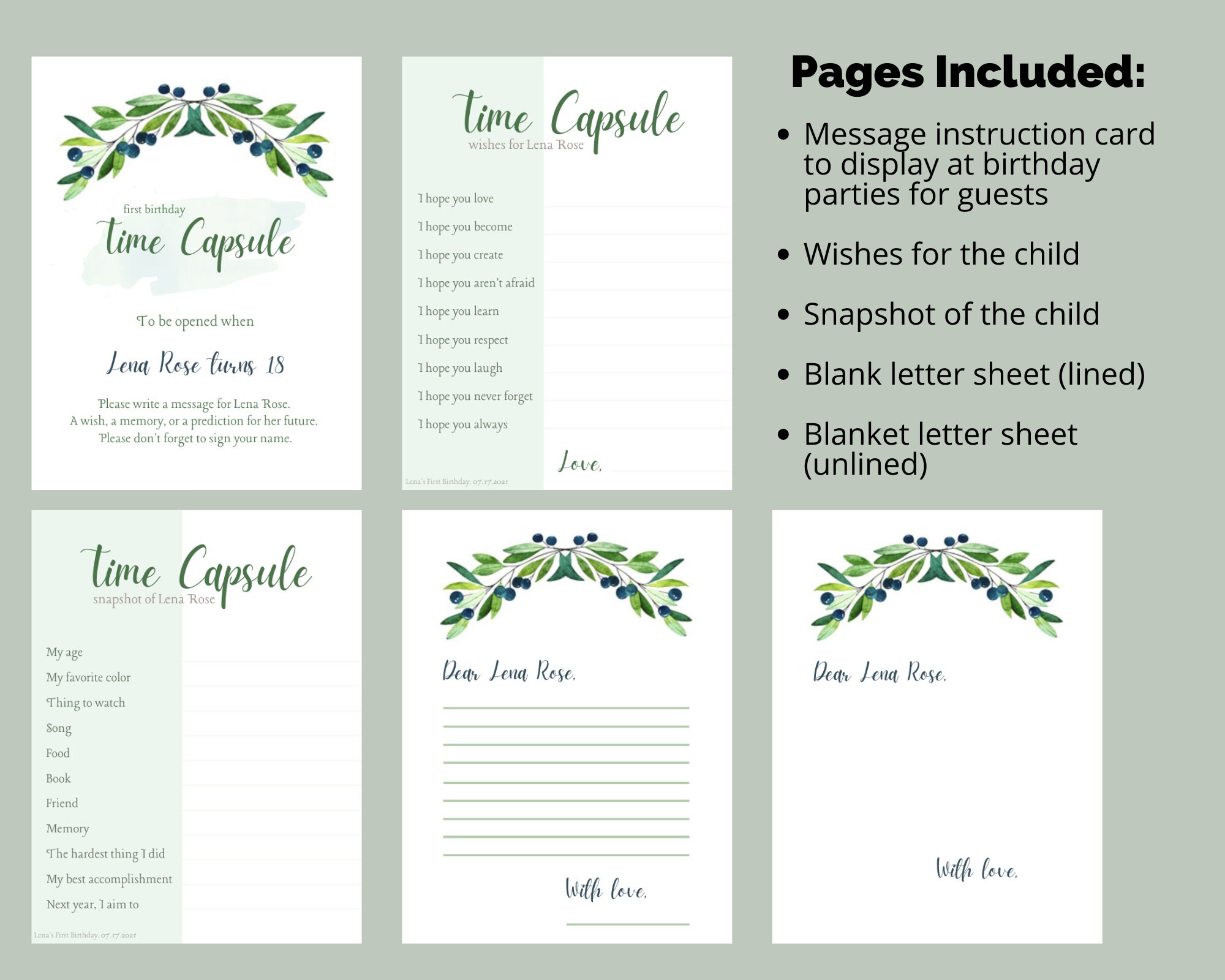 Time Capsule Sign, Message Letter & Wishes Cards | First Birthday ...