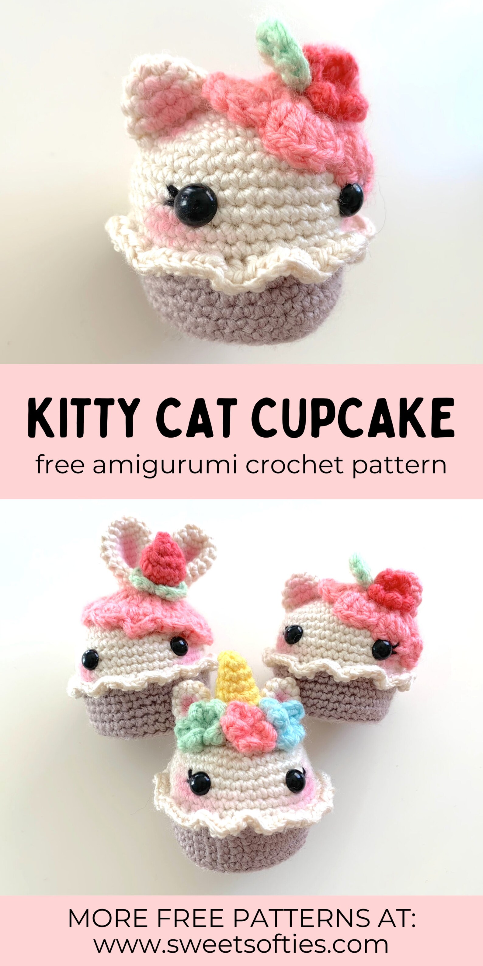 Kitty Cat Strawberry Frosted Cupcake Dessert Free Crochet | Etsy