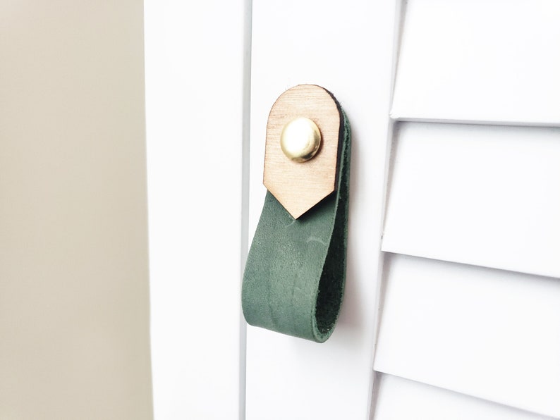 Green Leather and Wood Drawer Pulls, West Coast Modern Boho Drawer ...