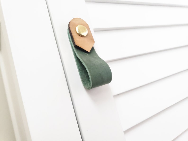 Green Leather and Wood Drawer Pulls, West Coast Modern Boho Drawer ...