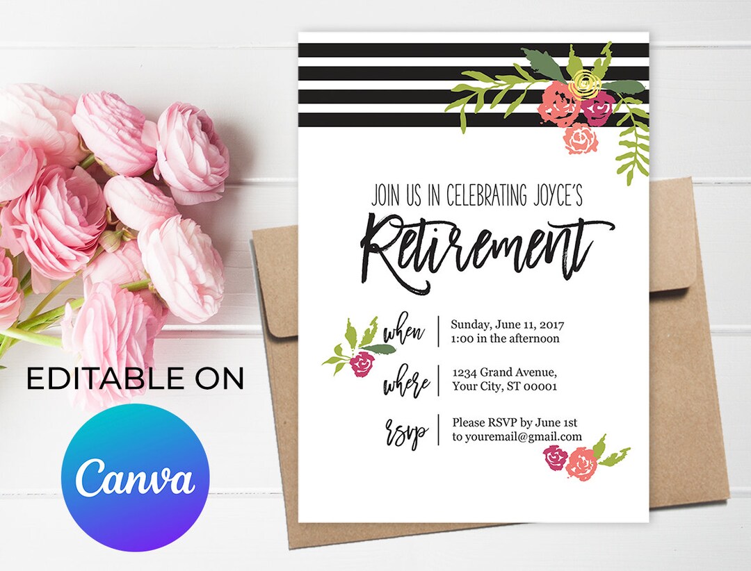 Editable Floral Retirement Party Invitation on Canva.com | Edit Your ...