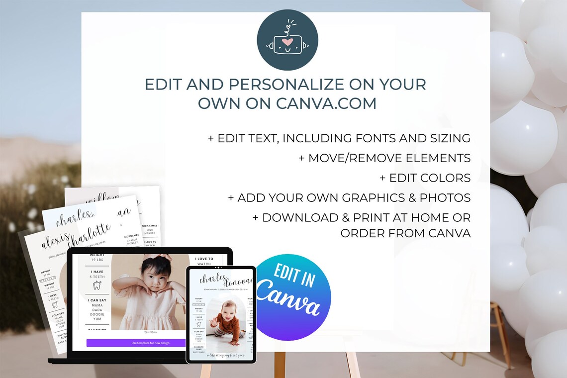 Arched First Birthday Milestone Poster | Edit in Canva, Modern 1st ...