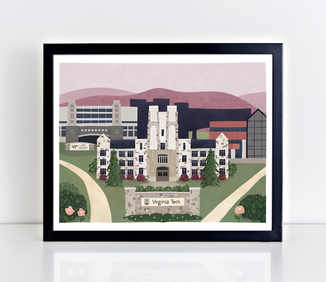 Virginia Tech Art Print, Campus Illustration, Lane Stadium, Burruss ...