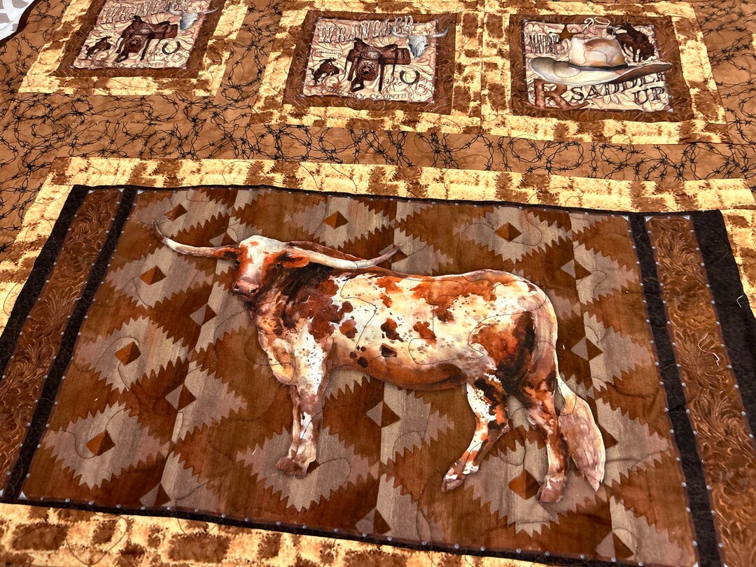 Texas Longhorn Quilted Blanket With Spotted Horses, Lap Quilt, Wall ...