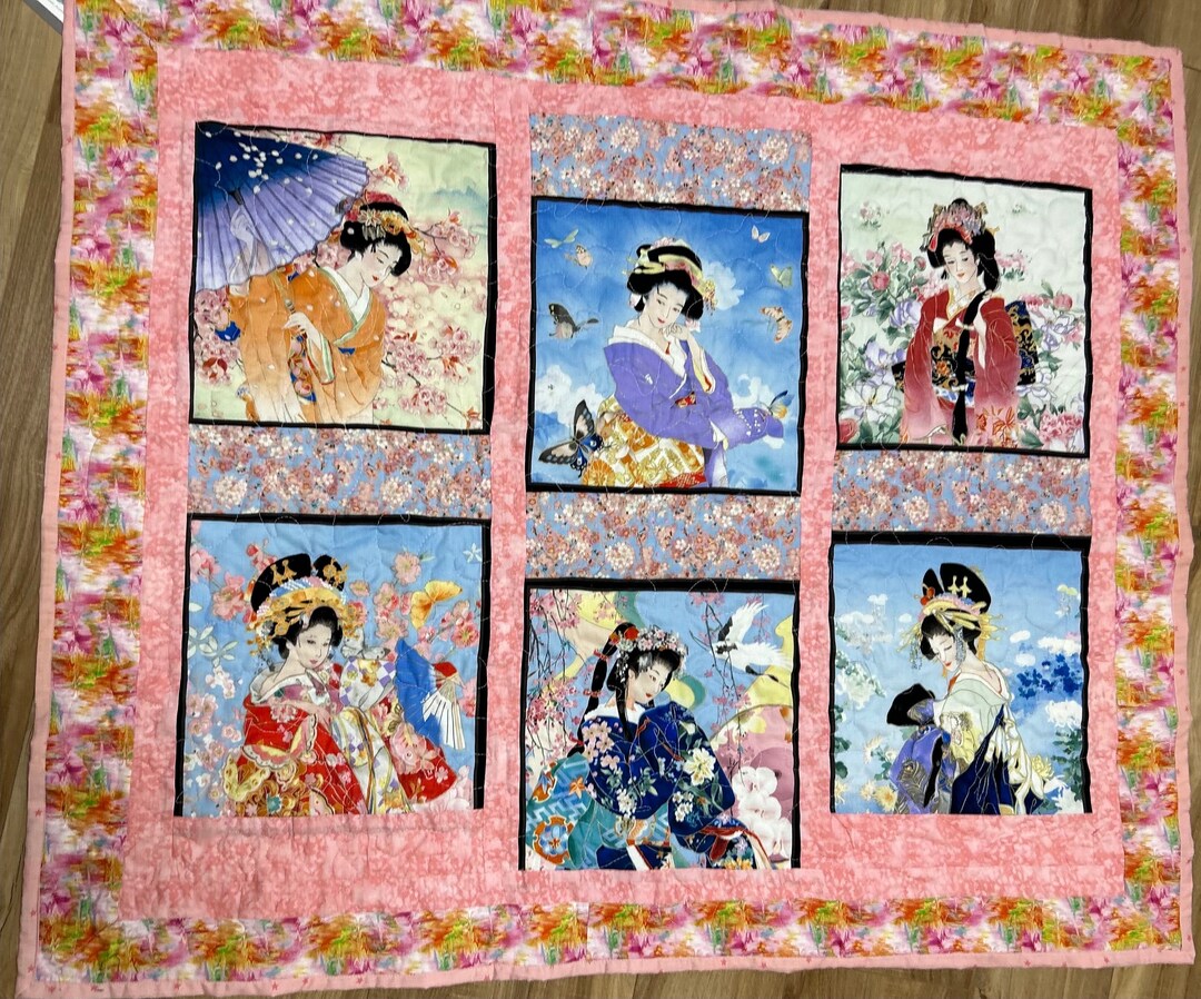 Geisha Quilted Blanket, Japanese Themed Quilt, Six Beautiful Geishas in ...