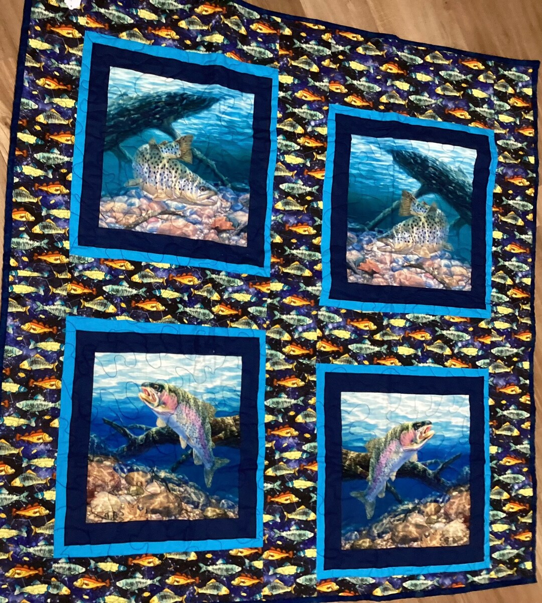 Fishing Quilted Blanket, Trout Fish Quilt, Nature Inspired Lap Throw ...