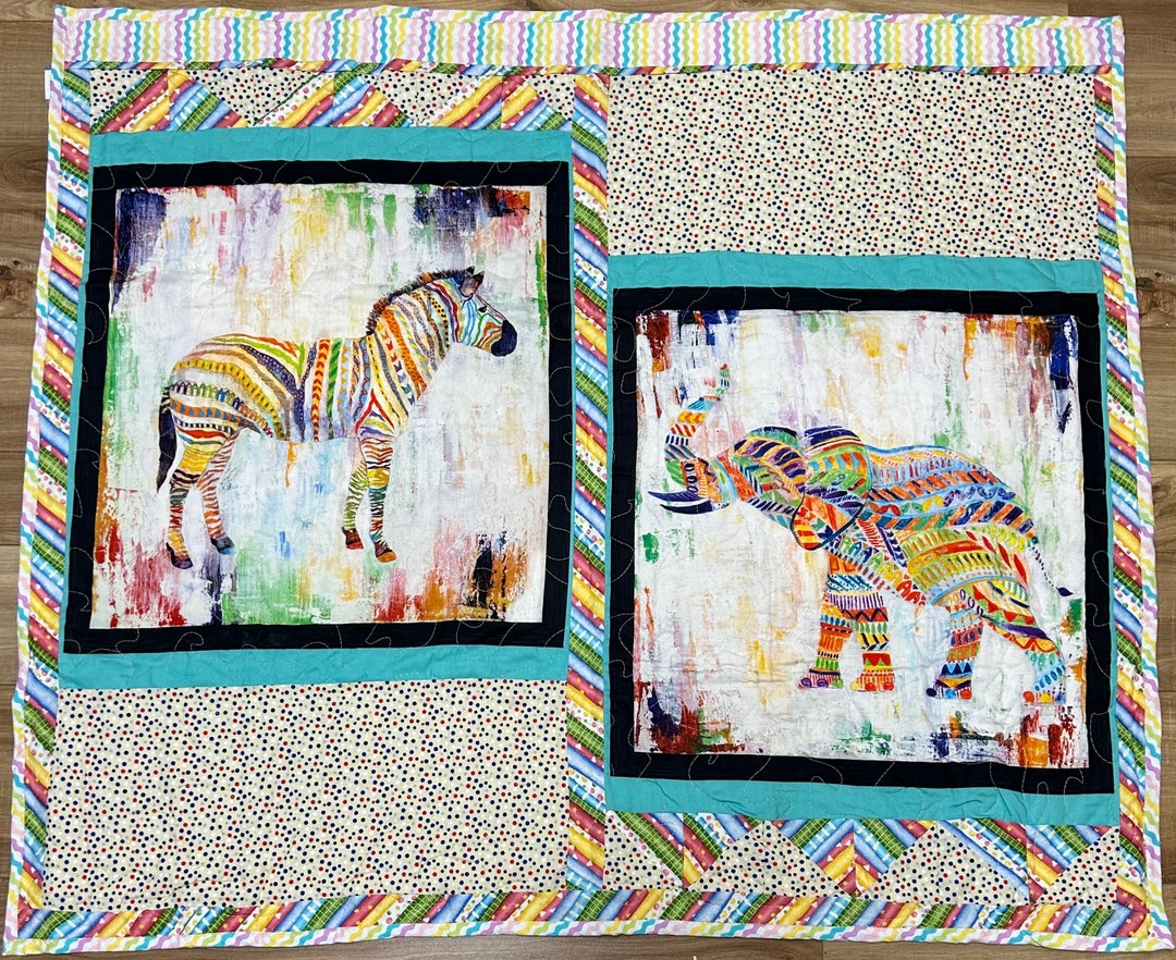Quilted Colorful Quilted Zebra and Elephant Blanket, Safari Throw, Lap ...