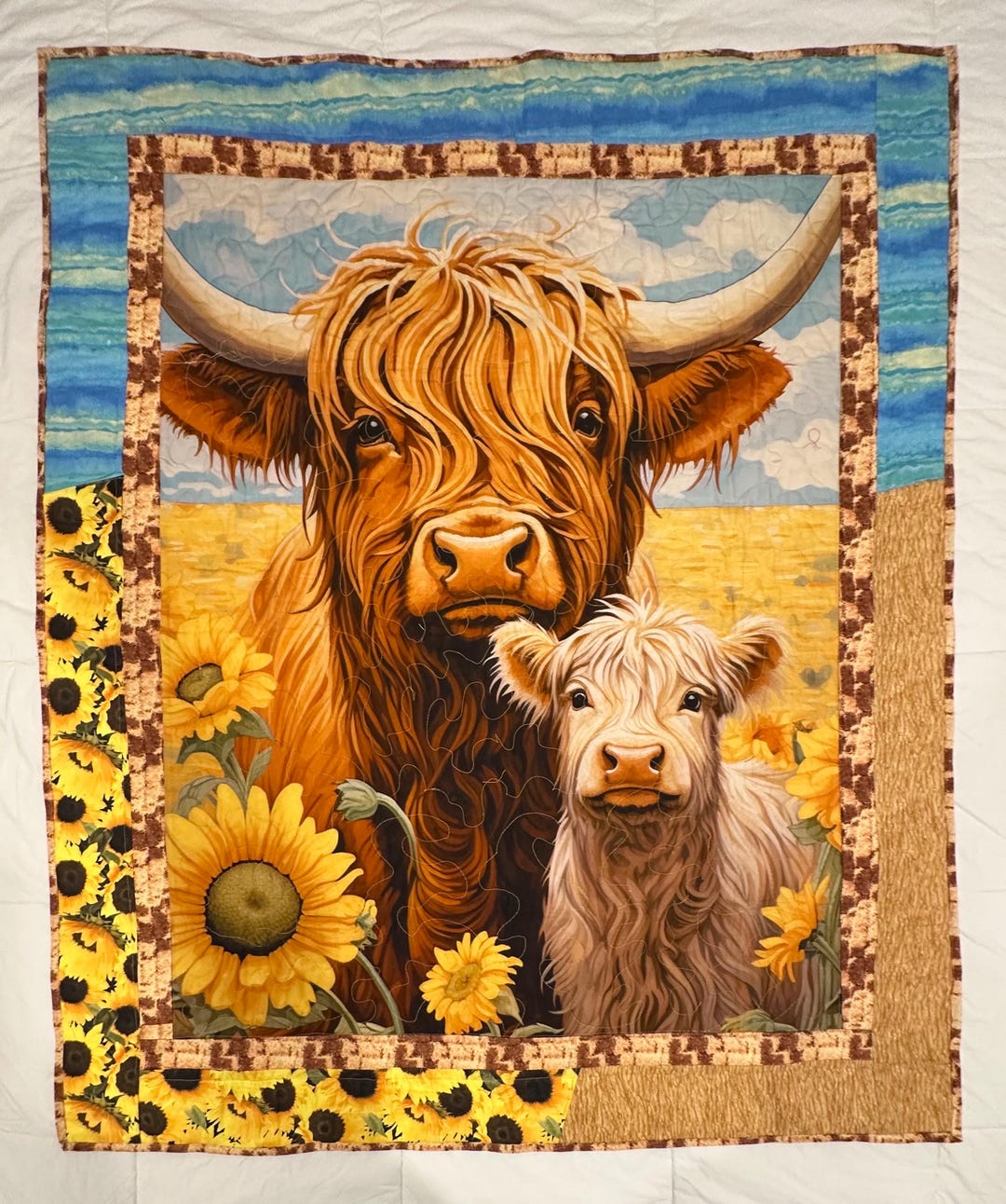 Highland Cow Quilted Blanket, Sunflower Quilt With a Beautiful Double ...