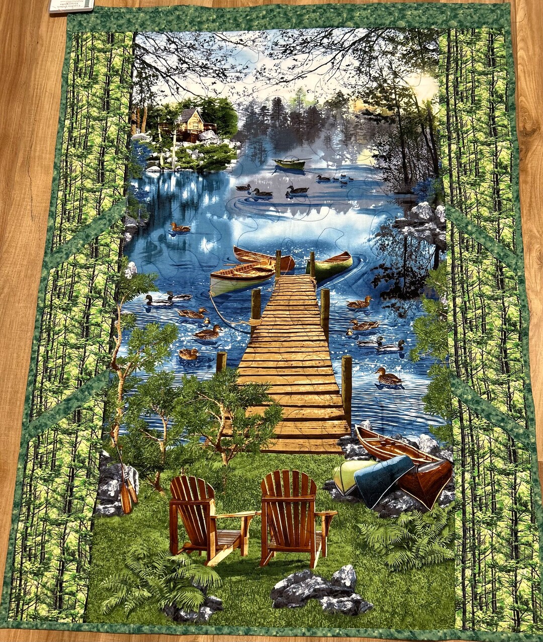 Fishing Dock Quilted Blanket, Serene Scenery Blanket With Canoes and ...