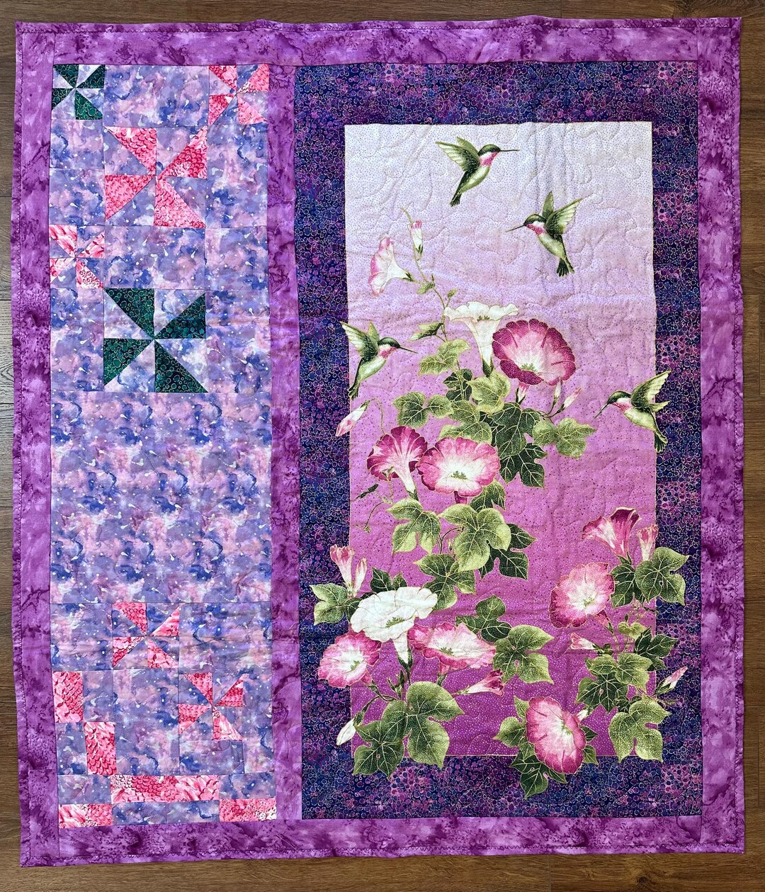 Handmade Panel Quilt With Hummingbirds and Flowers, Pinwheel Design - Etsy