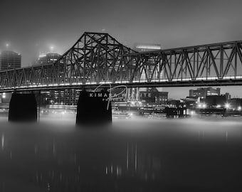Ohio River Front, Foggy River Walk, Indiana, Night Photography, Black ...