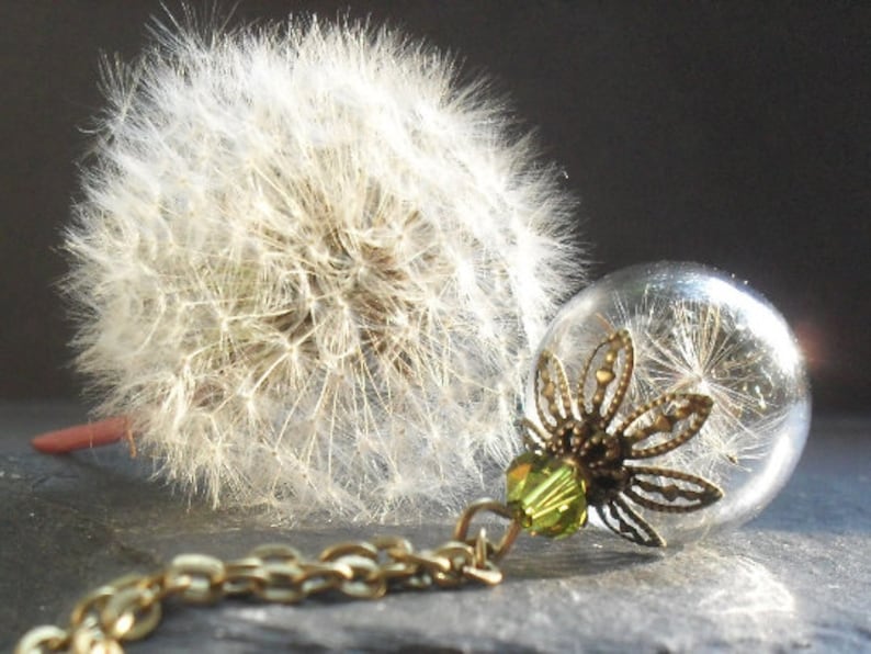 DANDELION NECKLACE Bronze Birth Stone Crystal Filigree Terrarium ...