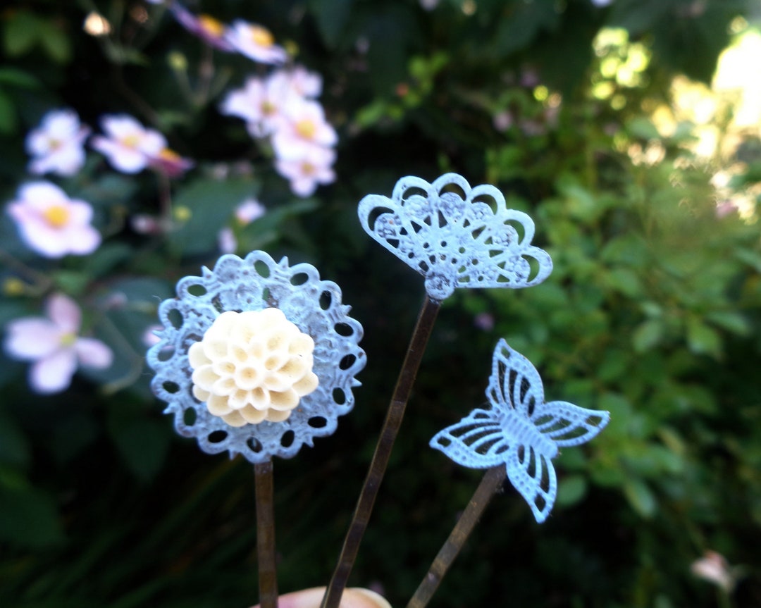 Filigree Hair Clips Vintage Hair Accessory Patina Butterfly Fan Flower ...
