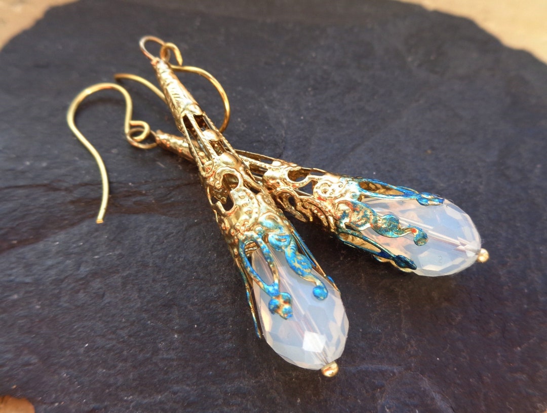 Art Deco Earrings Art Nouveau Opal (synth) Gold Verdigris Filigree ...