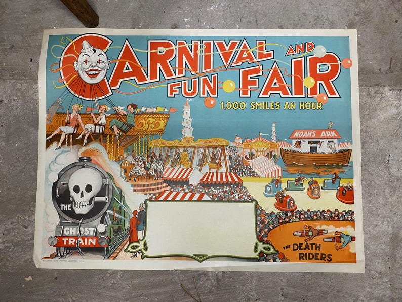 Antique 30's Carnival Fun Fair Poster, Motorcycle Death Riders, Ghost ...