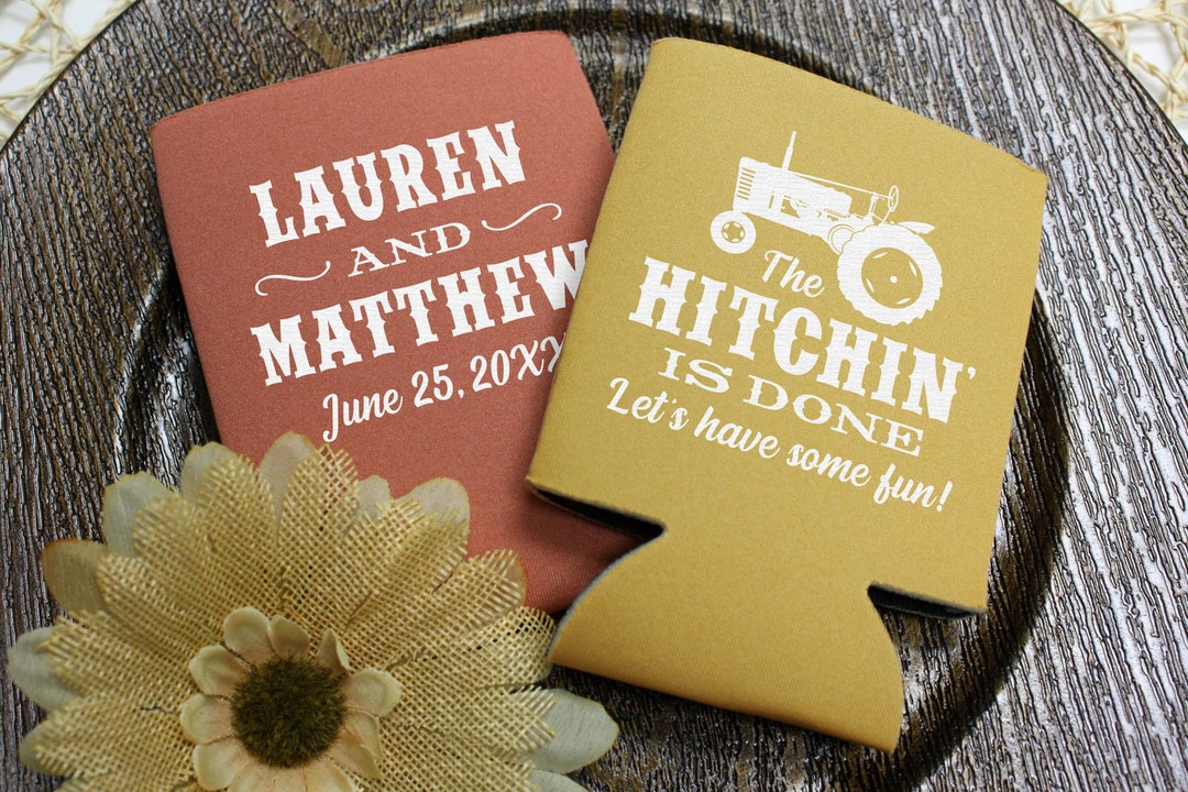 Personalized Tractor Can Coolers: the Hitchin' is Done Wedding Favors ...