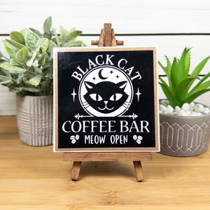 Black Cat Coffee Bar Sign, Halloween Ceramic Tile Sign With Easel ...