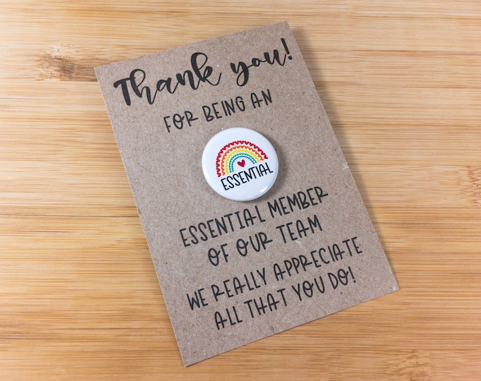 Employee Appreciation Card, Essential Team Member Button Pin and Thank ...