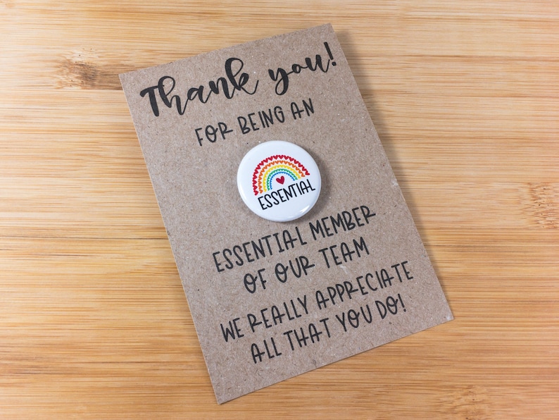 Employee Appreciation Card, Essential Team Member Button Pin and Thank ...
