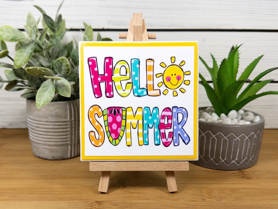 Hello Summer Ceramic Tile Sign With Easel, Cute Summer Farmhouse Tiered ...