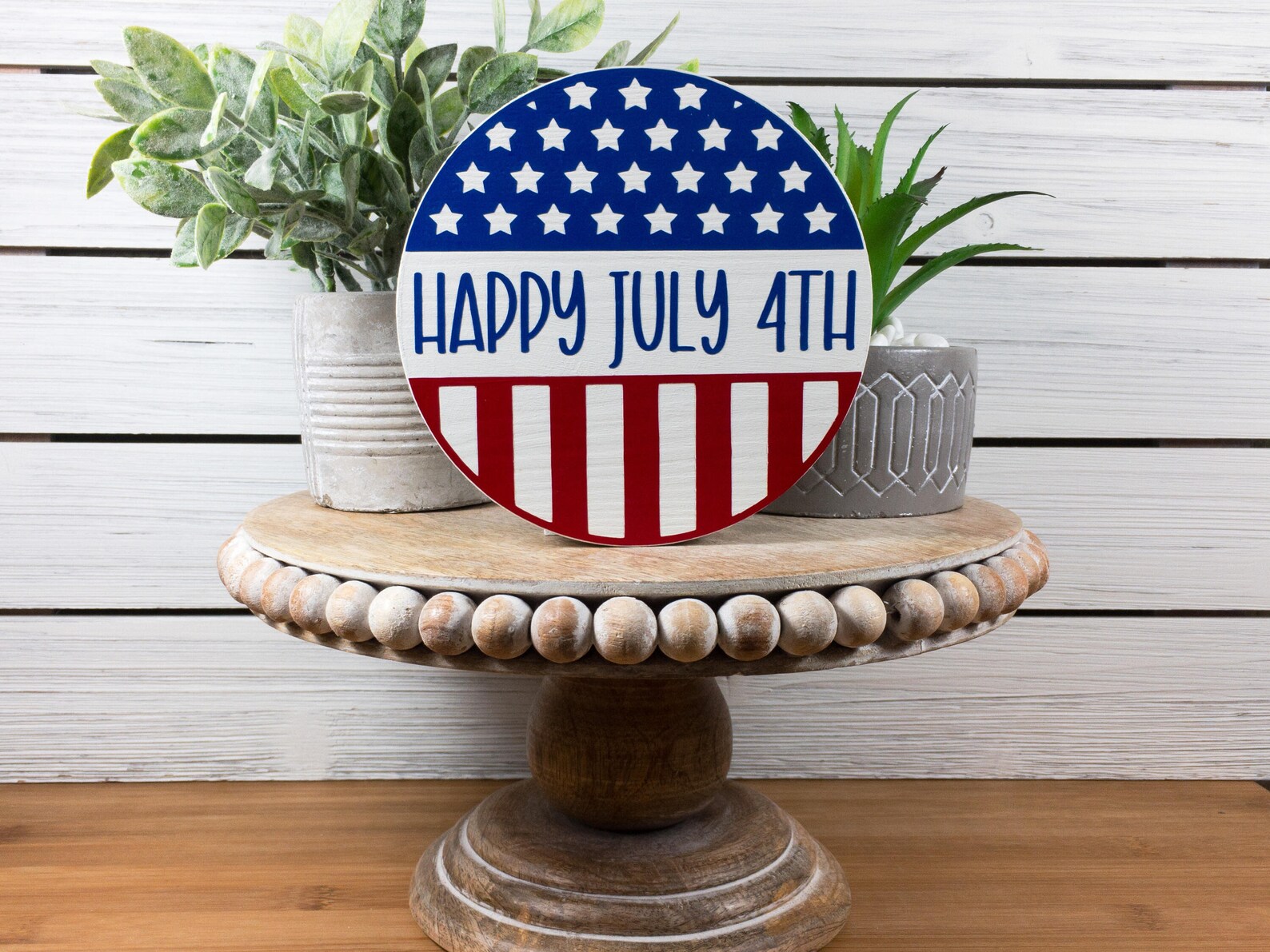 Happy July 4th Round Wood Sign, Patriotic Stars and Stripes Tiered Tray ...