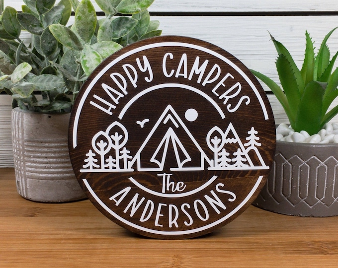 Happy Campers Wood Shelf Sitter, Personalized Family Name Round Wood ...