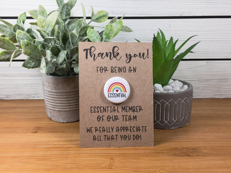 Employee Appreciation Card, Essential Team Member Button Pin and Thank ...