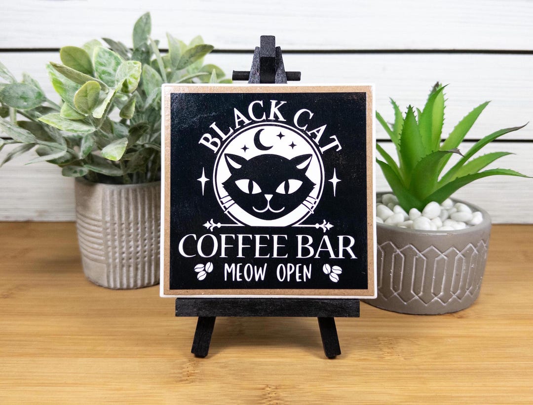 Black Cat Coffee Bar Sign, Halloween Ceramic Tile Sign With Easel ...