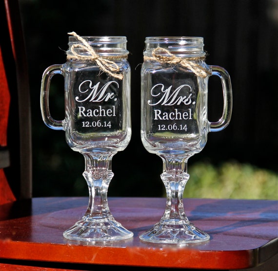 2 Mason Jar Mug Wine Glass Personalized Etched Glass Redneck Etsy