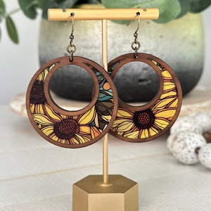 Sunflower Hoop Earrings: Walnut Wood Inlay, Laser Cut Acrylic - Etsy