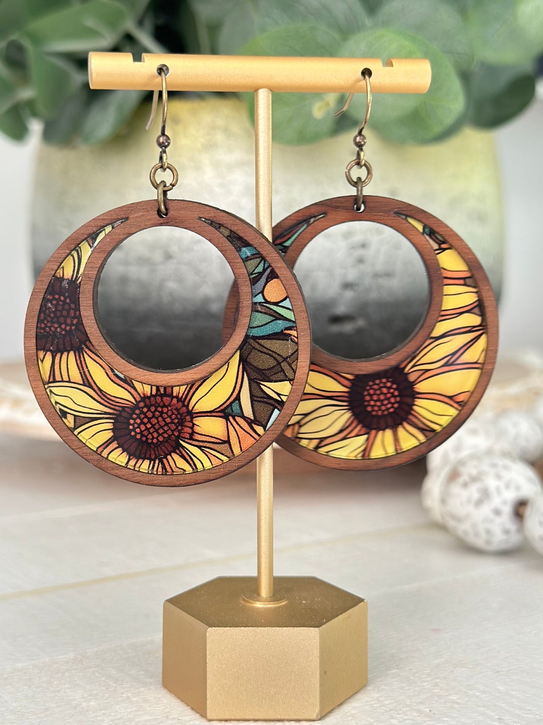 Sunflower Hoop Earrings: Walnut Wood Inlay, Laser Cut Acrylic - Etsy