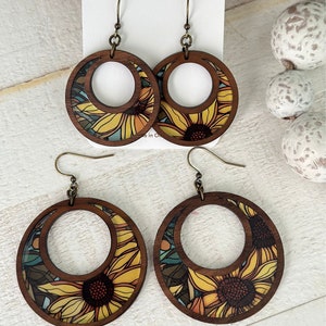 Sunflower Hoop Earrings: Walnut Wood Inlay, Laser Cut Acrylic - Etsy