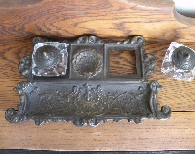 Art Nouveau Inkwell Stand, Double Inkwell Desk Set, Pen and Ink Holder ...