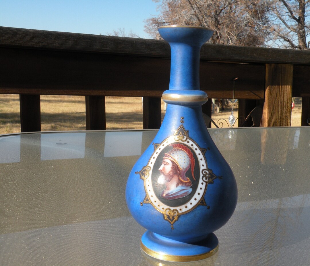 Romanesque Portrait Glass Vase, Hand Painted Matte Blue and Gold - Etsy